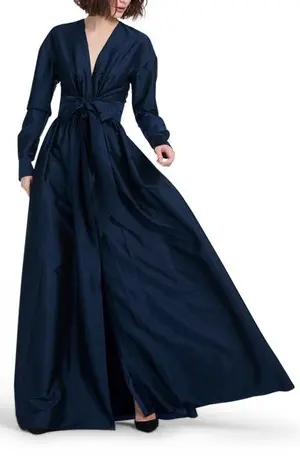 EMILY SHALANT Surplice Long Sleeve Taffeta Gown - Navy
