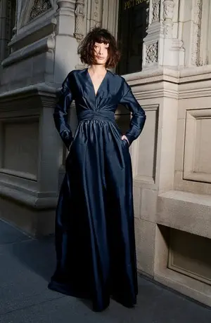 EMILY SHALANT Surplice Long Sleeve Taffeta Gown - Navy