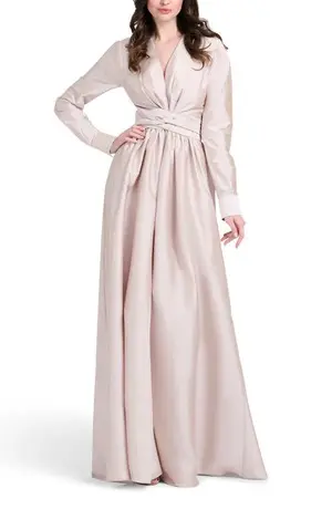 EMILY SHALANT Surplice Long Sleeve Taffeta Gown - Oyster