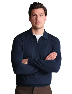 CHARLES TYRWHITT Merino Wool Zip Polo - Navy