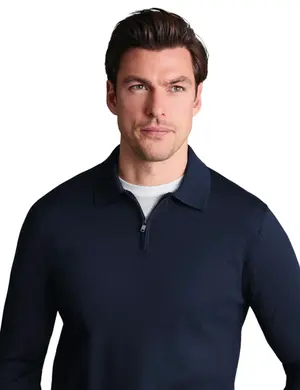 CHARLES TYRWHITT Merino Wool Zip Polo - Navy