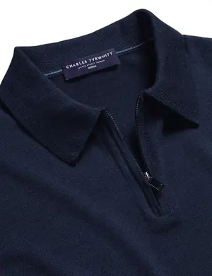 CHARLES TYRWHITT Merino Wool Zip Polo - Navy