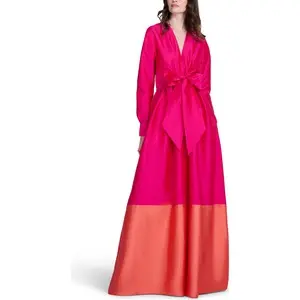 EMILY SHALANT Colorblock Long Sleeve Taffeta Gown - Watermelon/coral