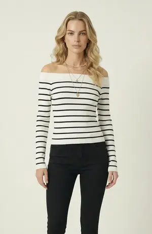 MODENAIRE Off The Shoulder Striped Knit Top - White/black Stripes