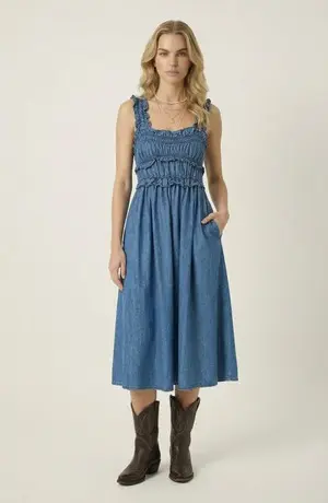 MODENAIRE Smocked Bodice Midi Dress With Ruffled Straps - Medium Wash Blue
