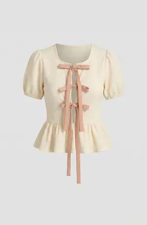 MODENAIRE Puff-sleeve Bow-tie Front Peplum Blouse