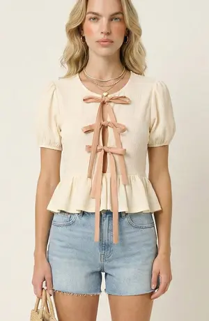 MODENAIRE Puff-sleeve Bow-tie Front Peplum Blouse - Cream