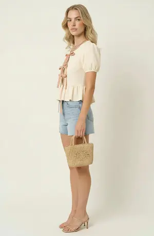 MODENAIRE Puff-sleeve Bow-tie Front Peplum Blouse