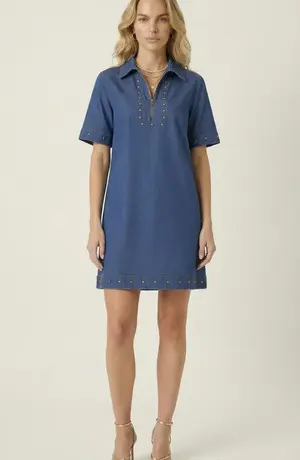 MODENAIRE Studded Half-zip Collared Denim Mini Dress