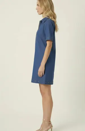 MODENAIRE Studded Collared Denim Mini Dress - Mid-wash Blue