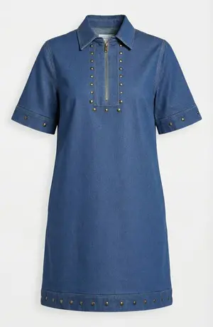 MODENAIRE Studded Collared Denim Mini Dress - Mid-wash Blue