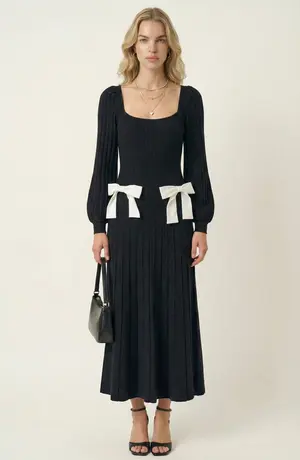 MODENAIRE Front Bow Flared Sweater Midi Dress - Black