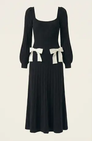 MODENAIRE Front Bow Flared Sweater Midi Dress