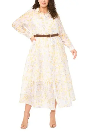 Halogen Floral Print Long Sleeve Maxi Shirtdress - Egret
