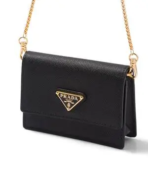 Prada Saffiano Leather Card Holder With Shoulder Strap - Black