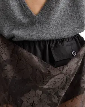 Prada Chantilly Lace Midi-skirt With Suspender Straps - Brown