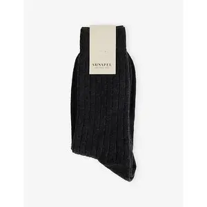 Sunspel Ribbed Cashmere Crew Socks - Charcoal Melange