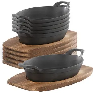 MEGACHEF 6 Piece Mini Cast Iron Oval Pan With Wood Tray Set - Black