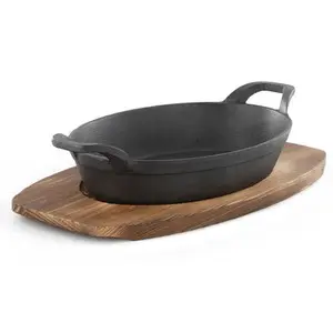 MEGACHEF Mini Cast Iron Oval Pan With Wood Tray