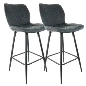 ELAMA 2 Piece Diamond Stitched Faux Leather Bar Chair With Metal Legs - Black