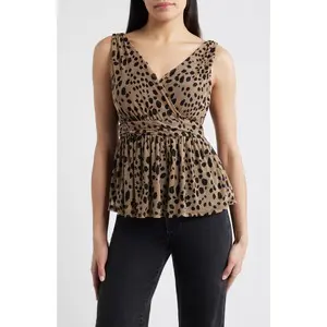 Loveappella Sleeveless Animal Print Peplum Top