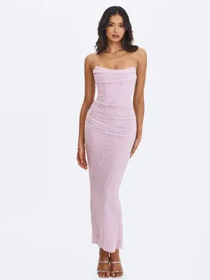 MISS CIRCLE NEW YORK Raylee Beaded Mesh Strapless Sheath Maxi Dress - Lilac