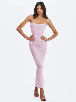MISS CIRCLE NEW YORK Raylee Beaded Mesh Strapless Sheath Maxi Dress - Lilac