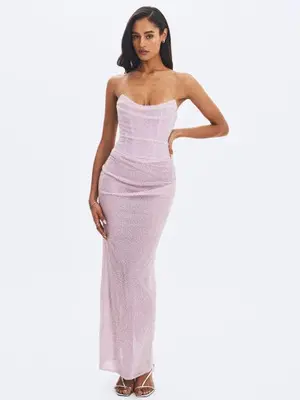 MISS CIRCLE NEW YORK Raylee Beaded Mesh Strapless Sheath Maxi Dress - Lilac
