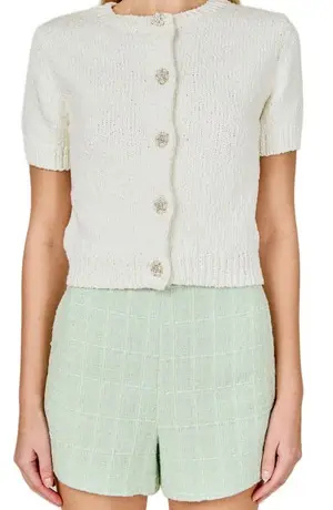 Endless Rose Scalloped Embellished Button Short Sleeve Cardigan - White