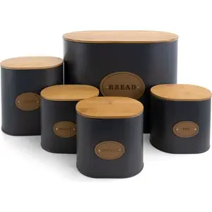 MEGACHEF Kitchen Food Storage And Organization 5 Piece Canister Set With Wood Lids - Gray
