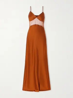 Kiki De Montparnasse Maxime Tulle-trimmed Silk-blend Satin Nightdress - Orange