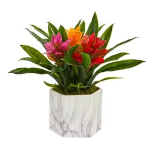 NEARLY NATURAL Bromeliad Artificial Plant In Marble Finished Vase - Assorted