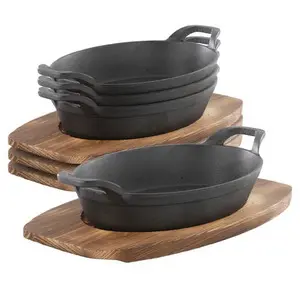 MEGACHEF 4 Piece Mini Cast Iron Oval Pan With Wood Tray Set - Black