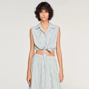 Sandro Cropped Striped Rhinestone Shirt