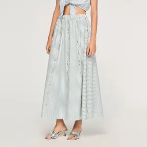 Sandro Striped Maxi Skirt With Rhinestone Detail - Blue