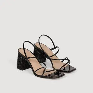Sandro Patent Leather Sandals With Glitter Heel - Black