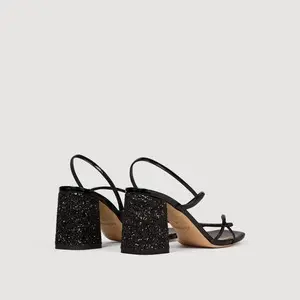 Sandro Patent Leather Sandals With Glitter Heel - Black
