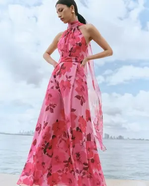 Aqua Floral Halterneck Maxi Dress