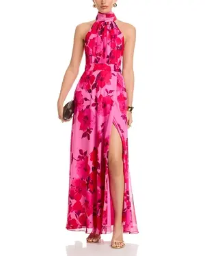 Aqua Floral Halterneck Maxi Dress
