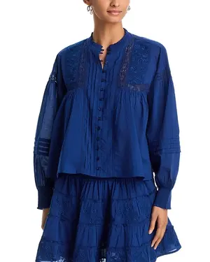 Aqua Embroidered Pintucked Blouse