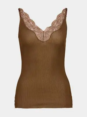 Saint Laurent Caramel Lace-trim Ribbed Silk Tank Top - Brown