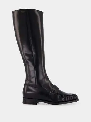 Prada Black Spazzolato Leather Knee-high Moccasin Boots - Brown