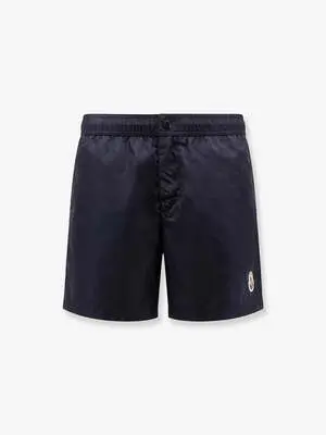 Moncler Nylon Swim Trunks With Logo Patch On The Bottom - Blue