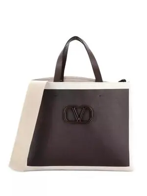 Valentino Garavani Vlogo Signature Leather And Canvas Large Tote - Neutrals