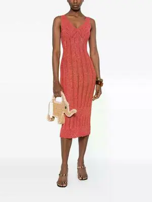 TWINSET V-neck Midi Dress With Lurex Chevron Openwork And Scalloped Trims
