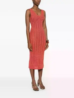 TWINSET V-neck Midi Dress With Lurex Chevron Openwork And Scalloped Trims