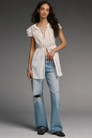 Anthropologie Short-sleeve Airy Embroidered Tunic Top