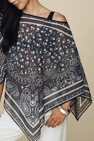 Anthropologie Printed Scarf Poncho Top - Black Pattern