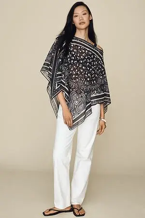 Anthropologie Printed Scarf Poncho Top - Black Pattern