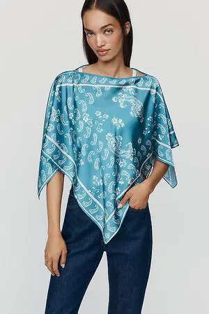 Anthropologie Printed Scarf Poncho Top - Blue/grey